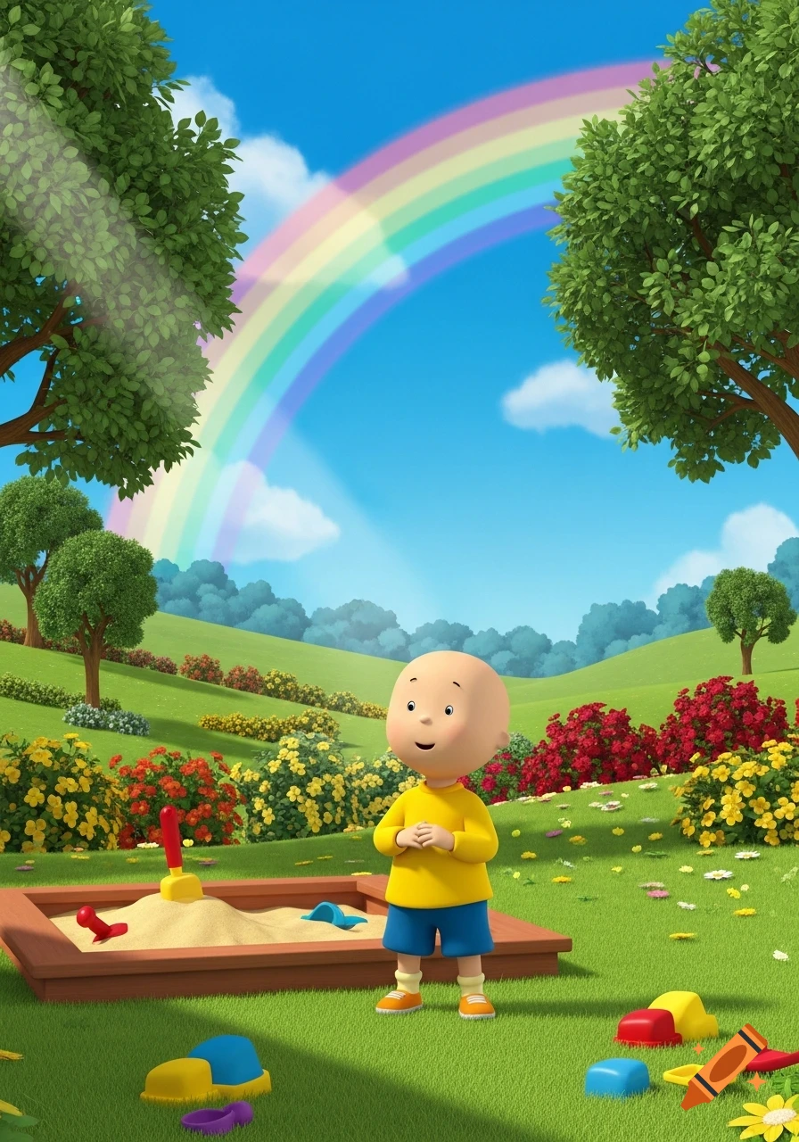 Caillou stands by a sandbox in a vibrant green field with colorful ...
