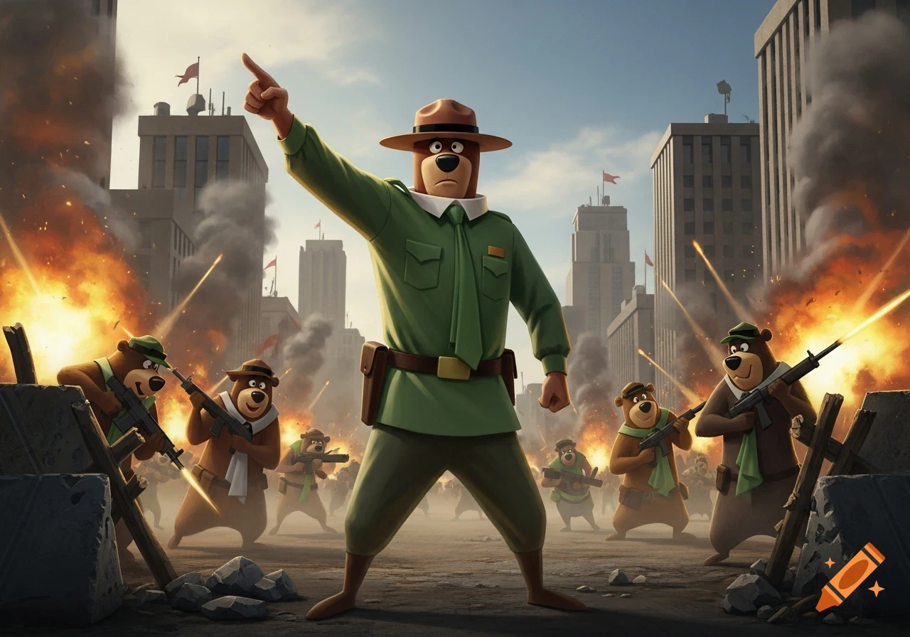 A cartoon bear resembling Ranger Smith leads other armed bears through ...