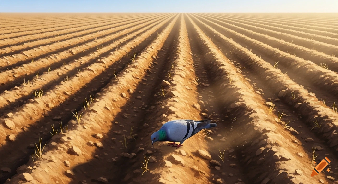 A pigeon pecks in a vast, freshly plowed agricultural field under a ...
