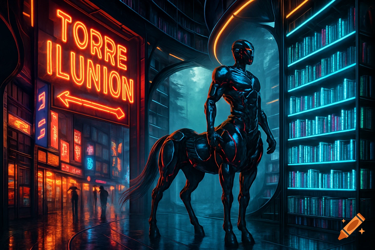 A muscular, dark, futuristic centaur with glowing red accents stands in ...