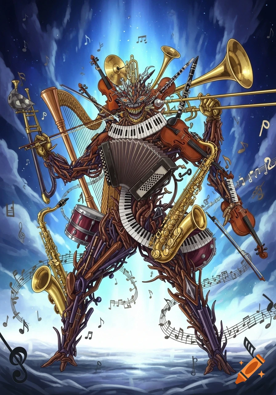 A monstrous creature made of various musical instruments, like violins ...