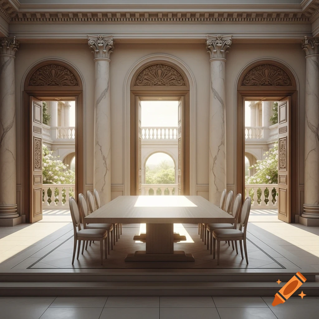 A grand hall with a long wooden table, surrounded by chairs, framed by ...