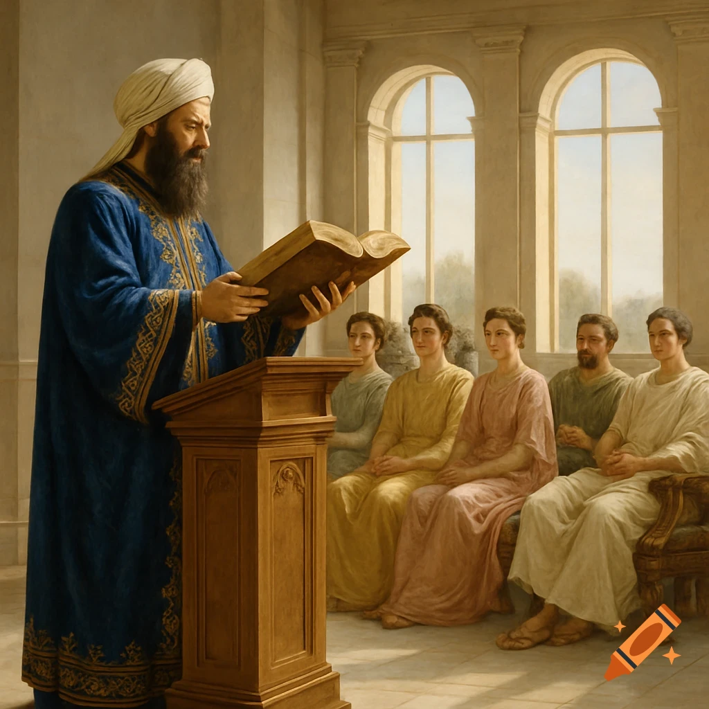 A man in a blue robe and white turban reads from a large book at a ...