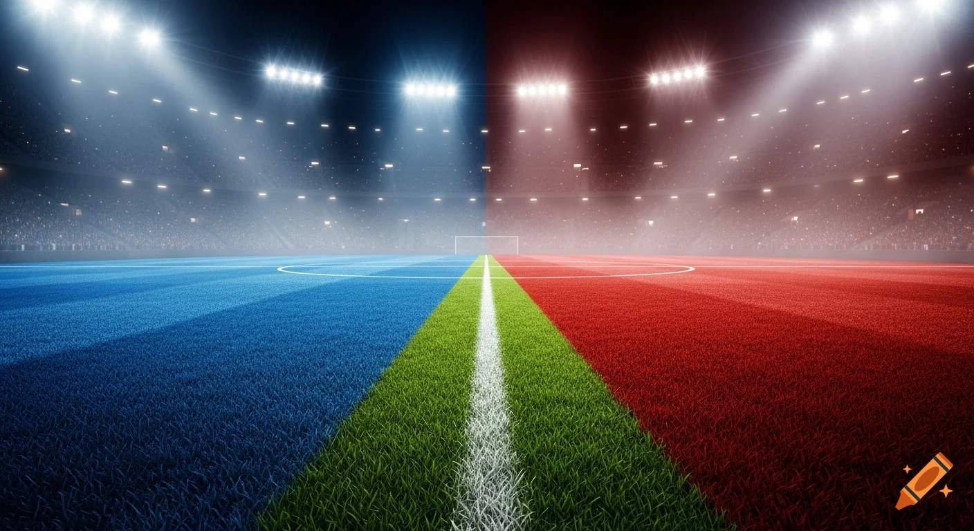 Realistic football stadium at night with a pitch split by blue and red ...