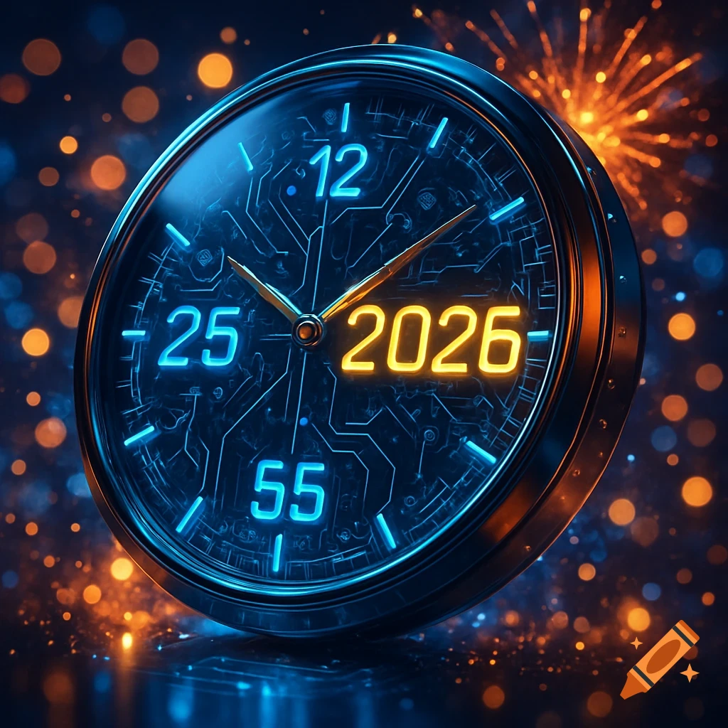 A glowing blue and gold futuristic digital clock with circuit patterns ...