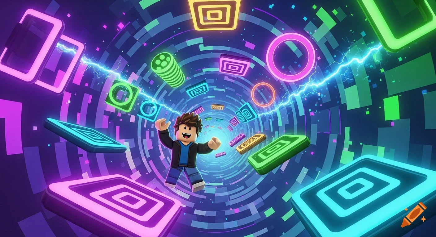 Roblox-style character floating happily in a vibrant, neon blue and ...