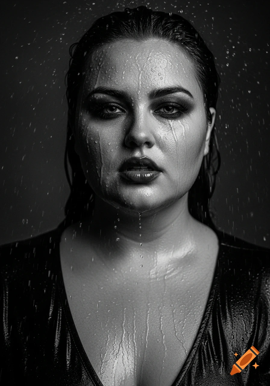 Dramatic black and white photorealistic portrait of a woman with wet ...