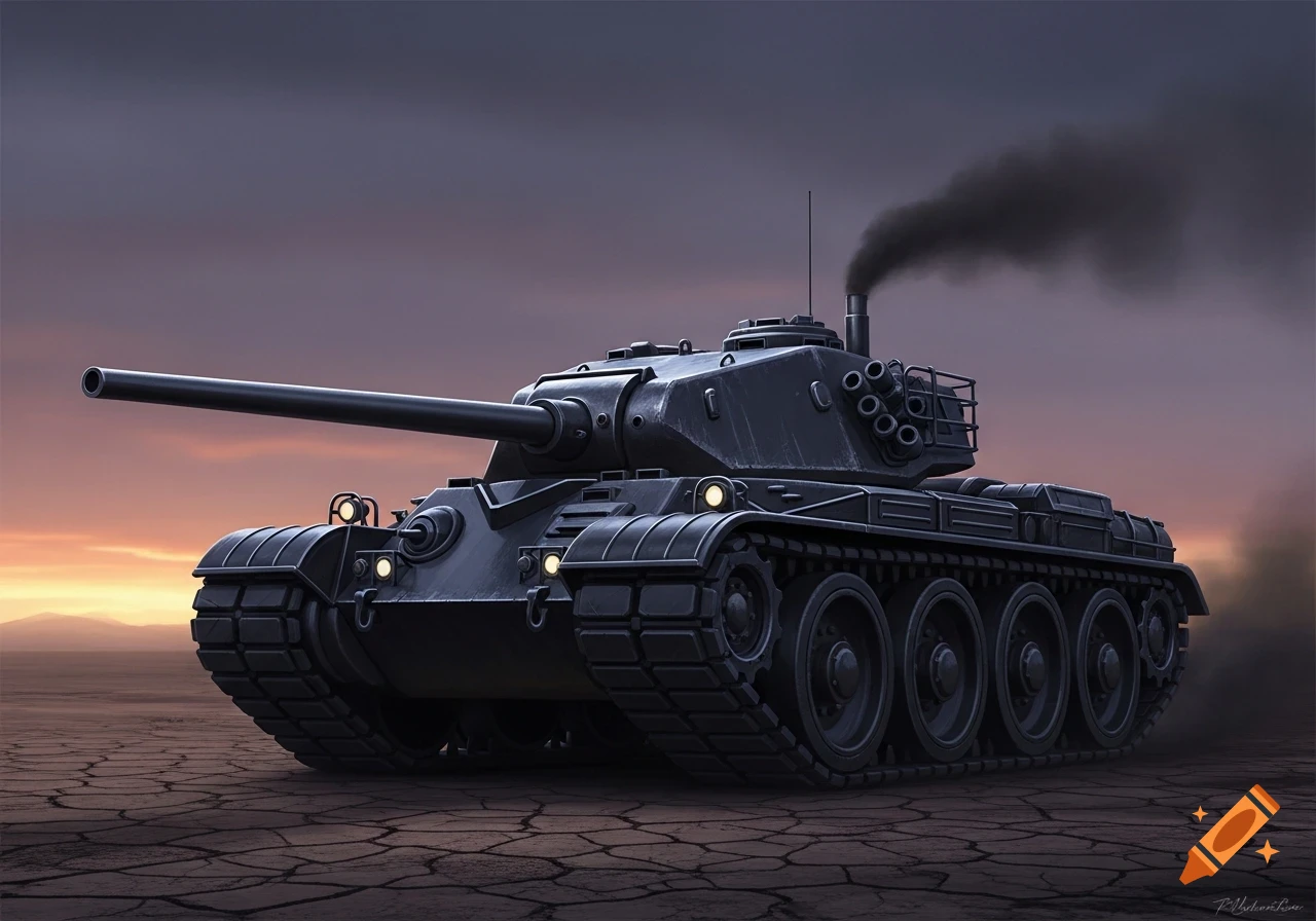 A dark, steampunk-style tank with a long cannon and a smoking chimney ...