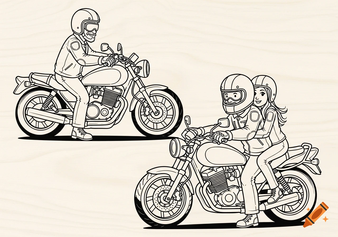 Black and white line art cartoon of two bikers on motorcycles, one solo ...