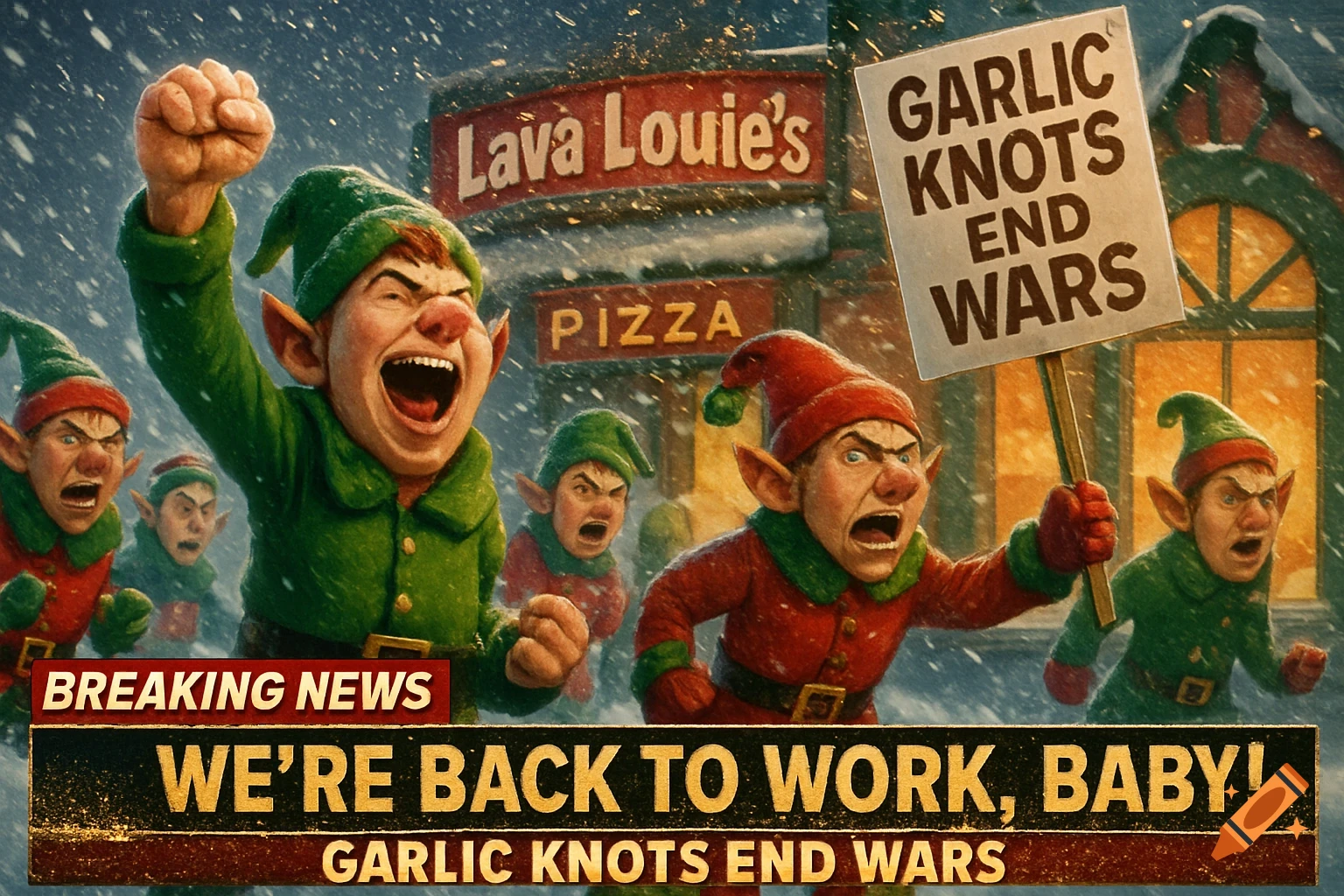 Angry elves protest outside Lava Louie's Pizza in a snowy scene, with a ...