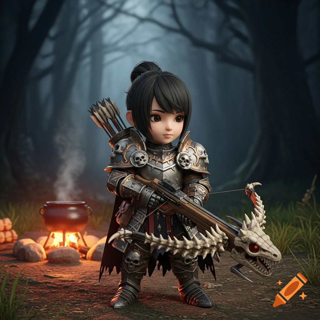 Chibi dwarf knight in skull-adorned armor holds a dragon-skull crossbow ...