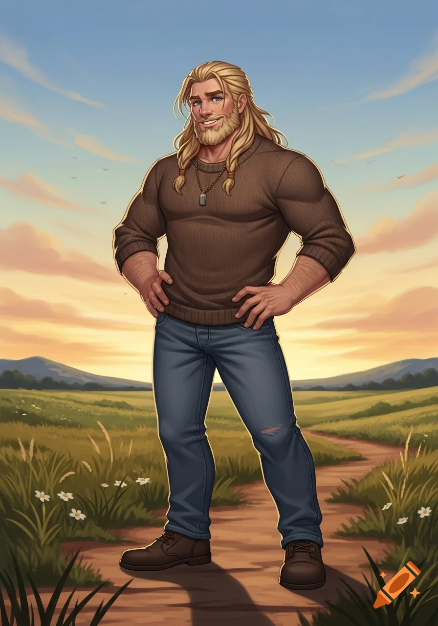 Illustrated muscular man with long blonde hair and beard, hands on hips ...