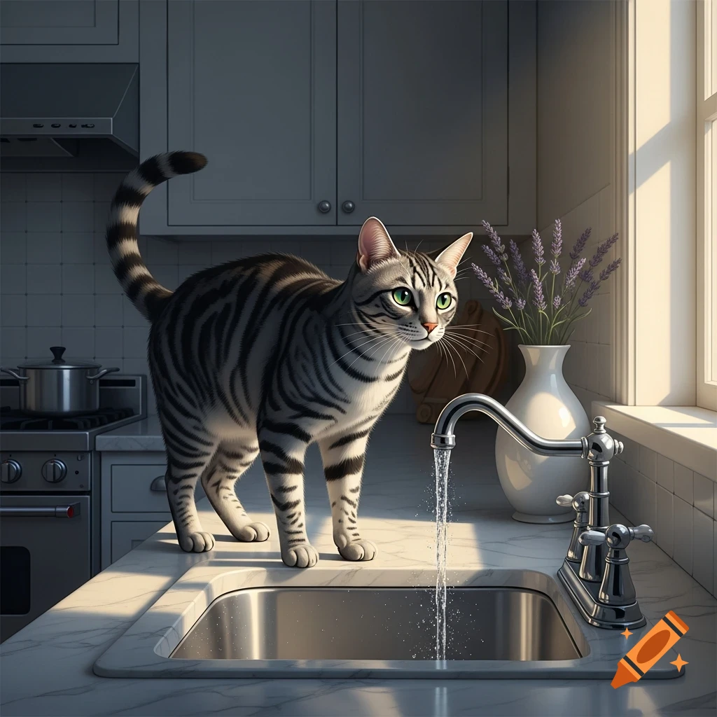Photorealistic grey tabby cat with green eyes standing on a kitchen ...
