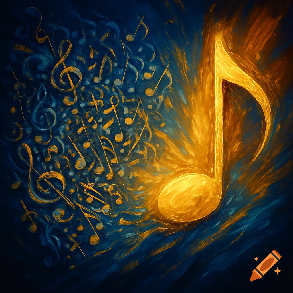 Glowing golden musical eighth note surrounded by smaller blue and gold ...
