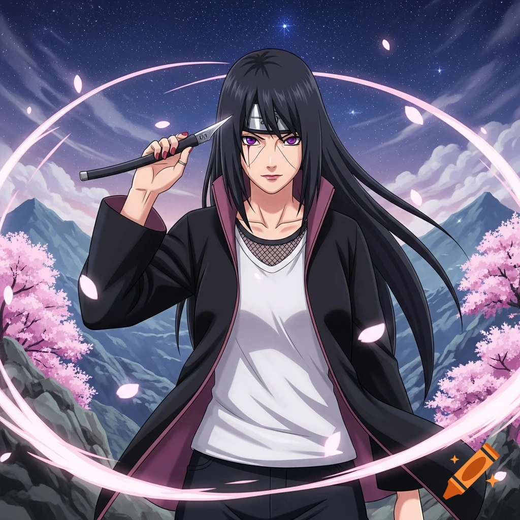 An anime female Uchiha character with long black hair and purple eyes ...