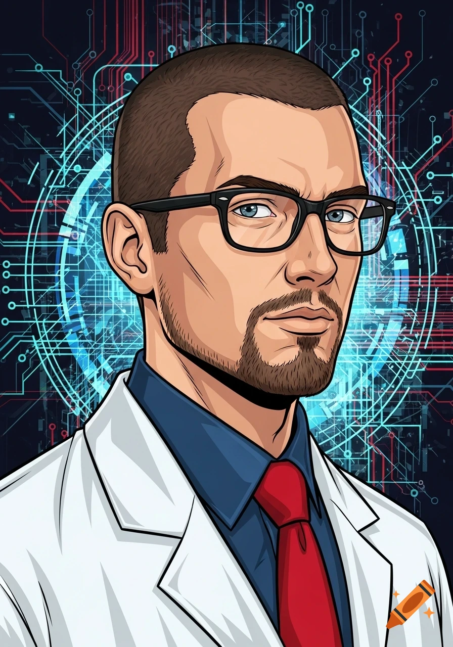 Cartoon illustration of a man in a lab coat and glasses with a tech ...