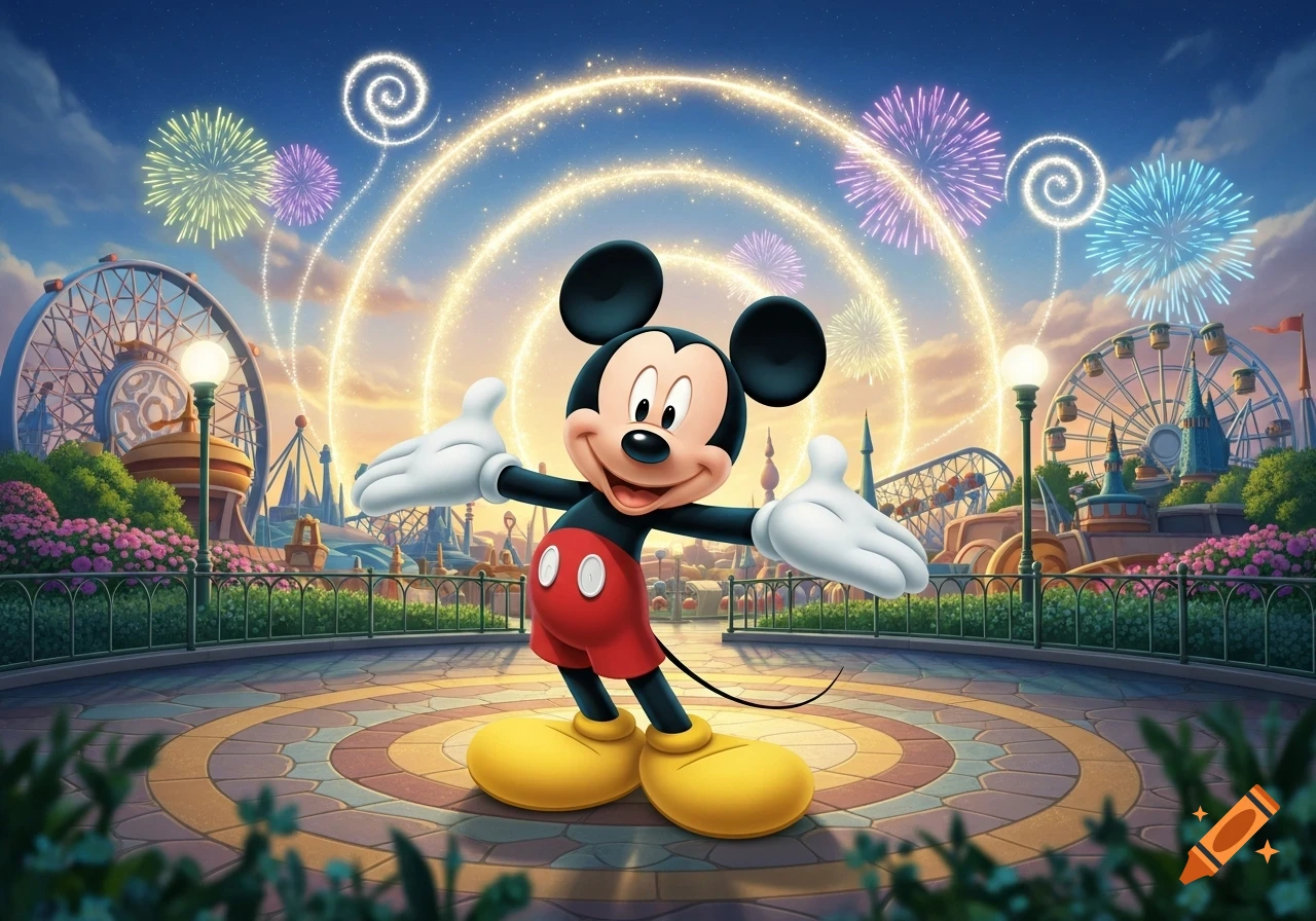 Mickey Mouse stands with outstretched arms, smiling in a vibrant theme ...