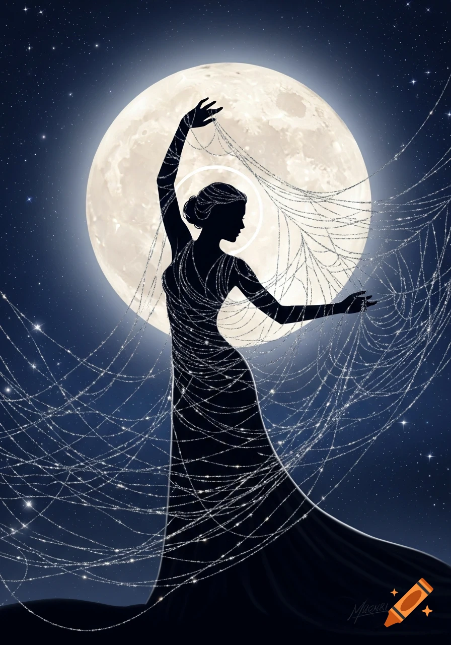 Stylized illustration of a woman's silhouette weaving shimmering ...