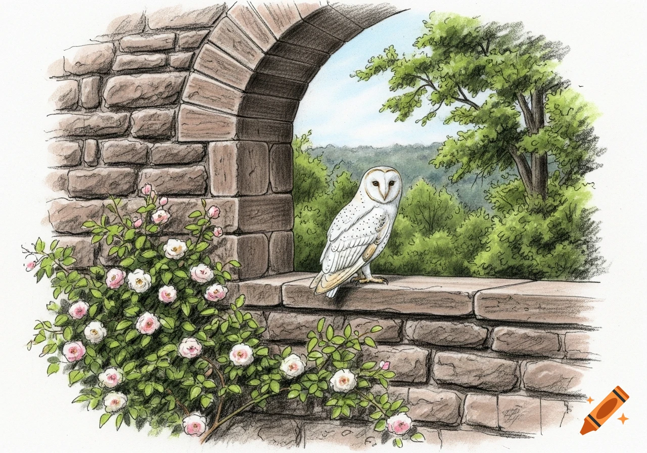 A white barn owl perches on an old stone wall adorned with pink and ...