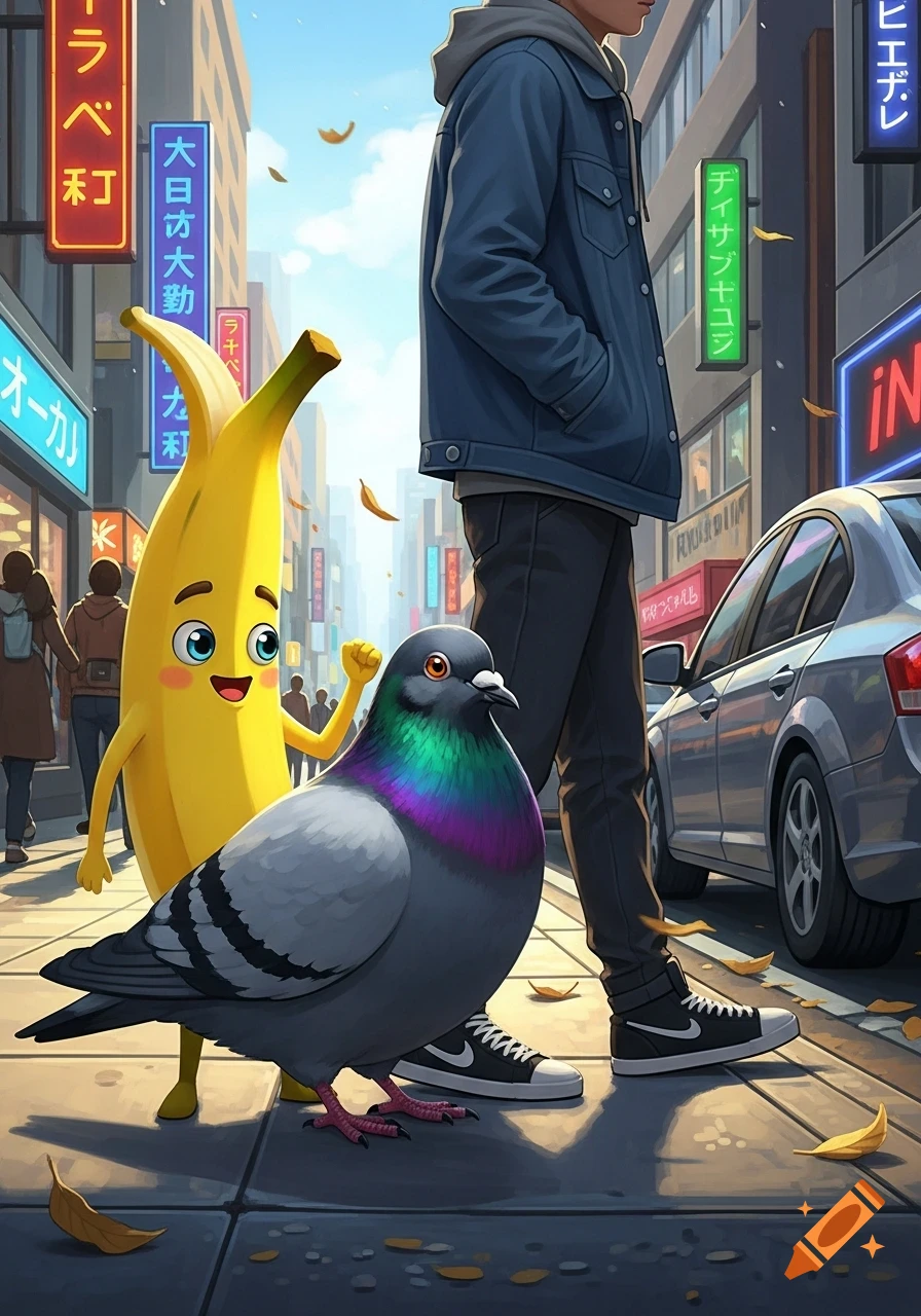 A cartoon banana character poses next to a large pigeon, with a person ...
