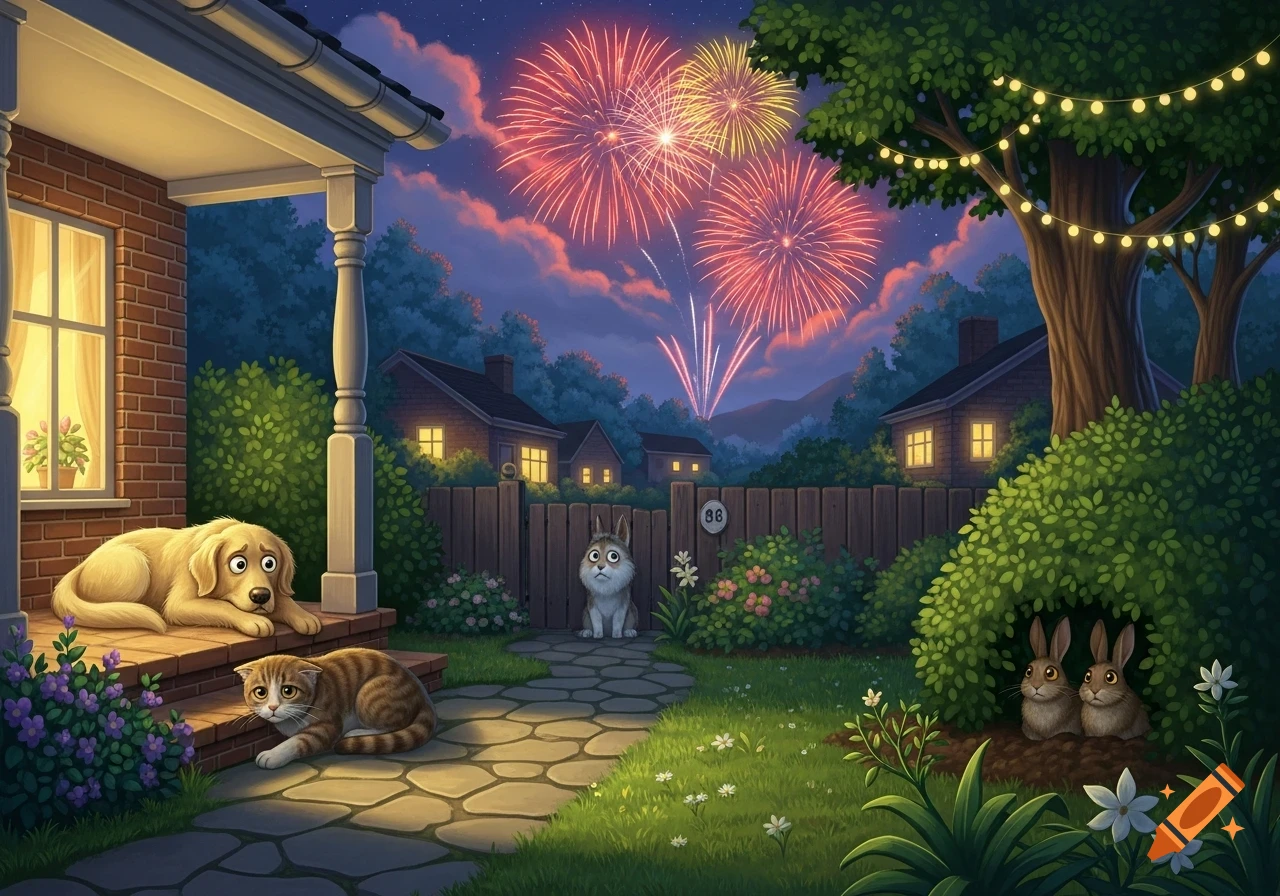 Cartoon pets and wild animals look scared as fireworks explode over a ...