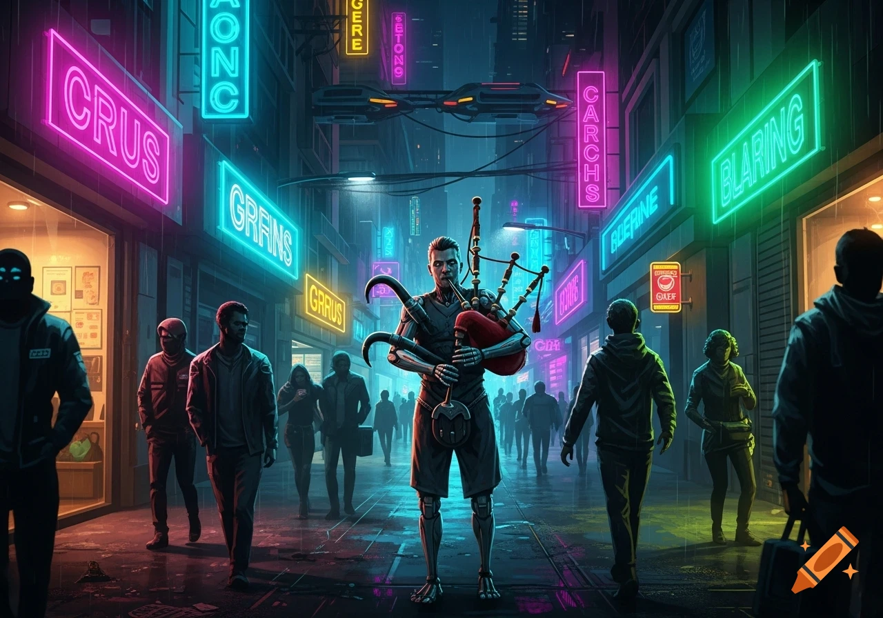 A cybernetic man plays bagpipes on a rainy, neon-lit cyberpunk street ...