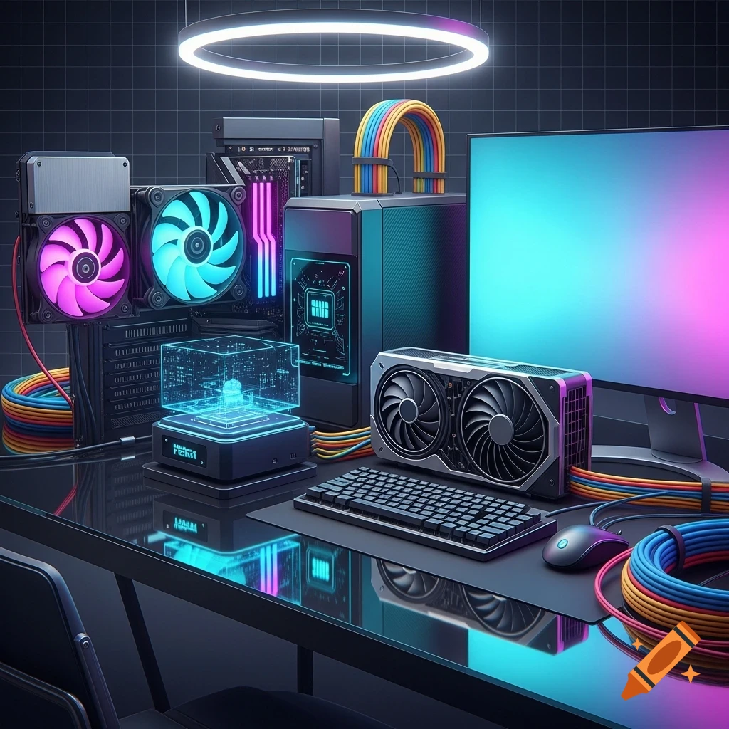 A futuristic computer setup featuring various hardware components like ...