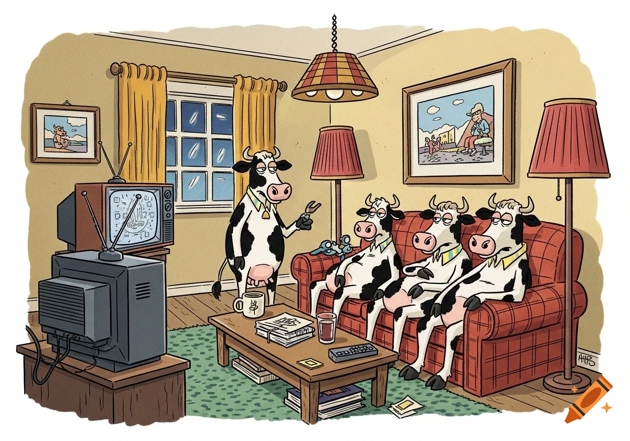 Four anthropomorphic cows in a cartoon living room, one stands ...
