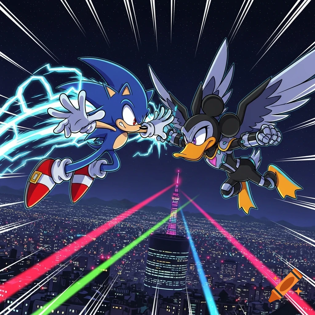 Sonic the Hedgehog and a winged duck character clash above a city at ...