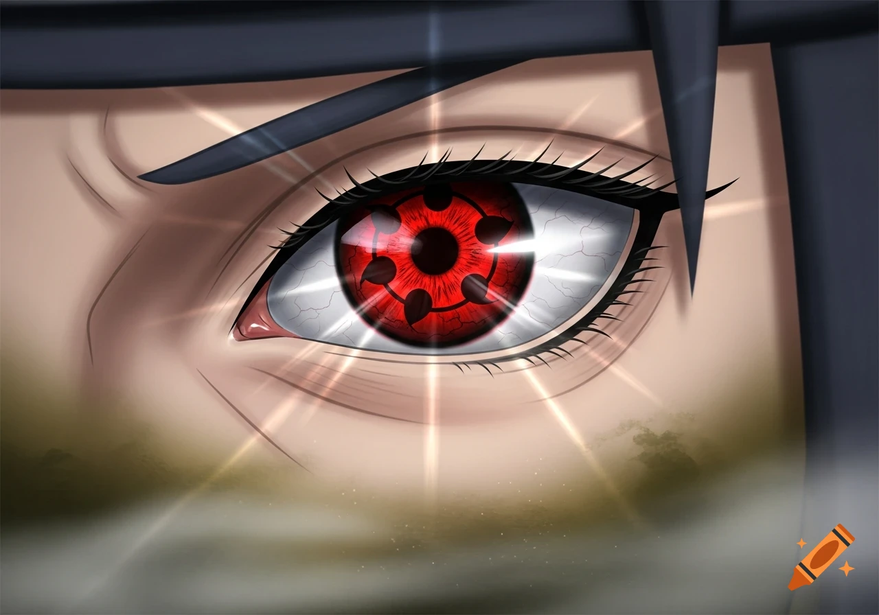 A detailed close-up of a red Sharingan eye with a black patterned pupil ...