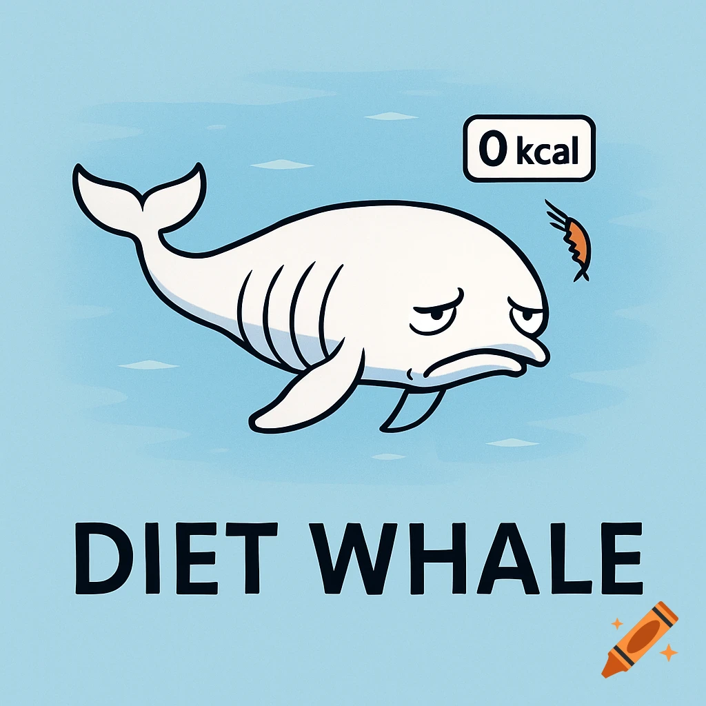 A sad, skinny cartoon white whale with visible ribs and a droopy face ...