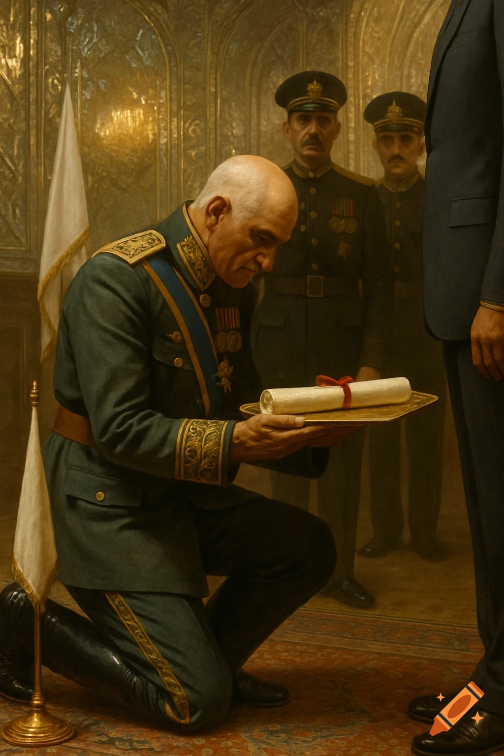 A bald military officer in a green and gold uniform kneels, offering a ...