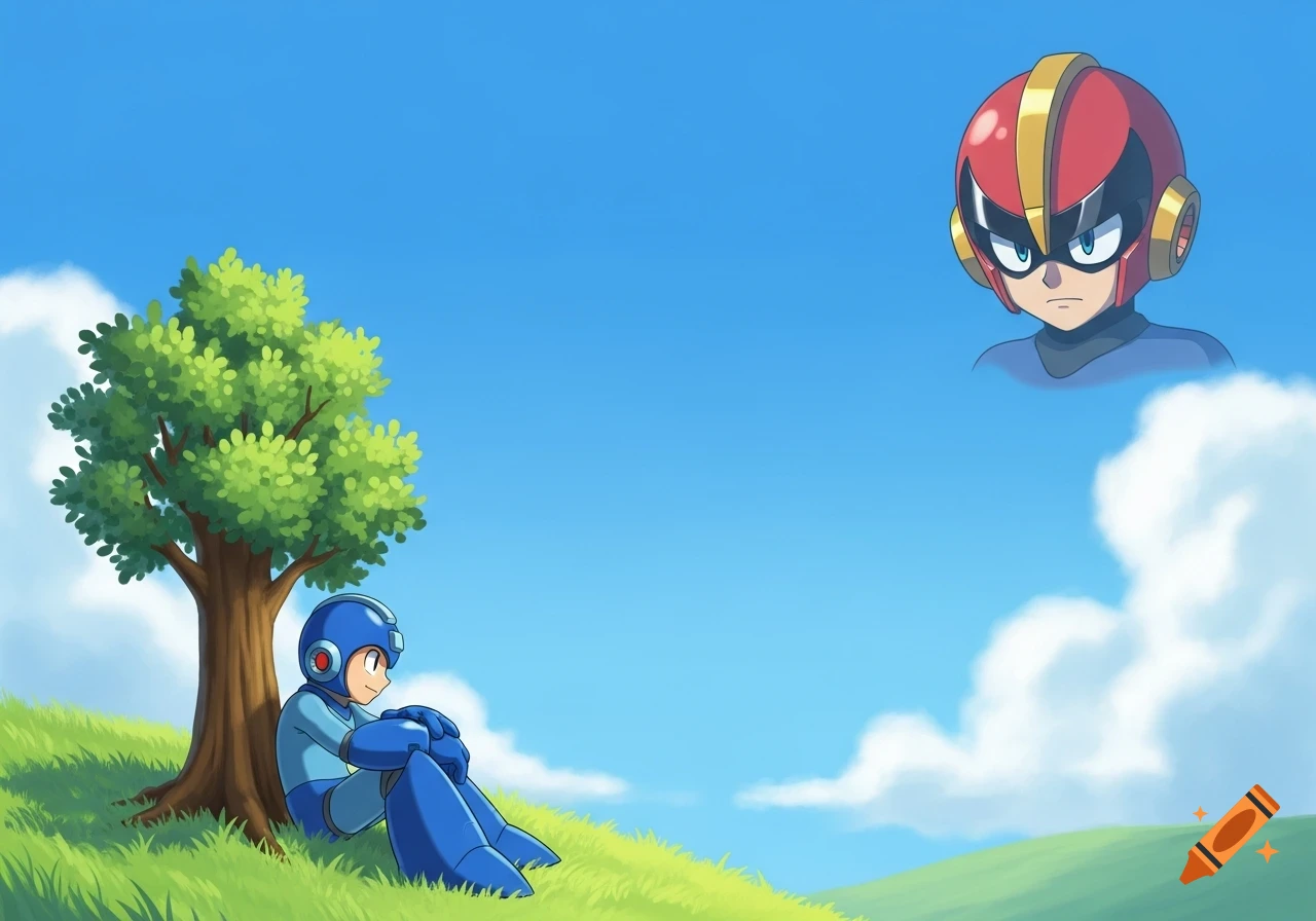 Mega Man sits under a tree on a grassy hill, looking up at Proto Man's ...