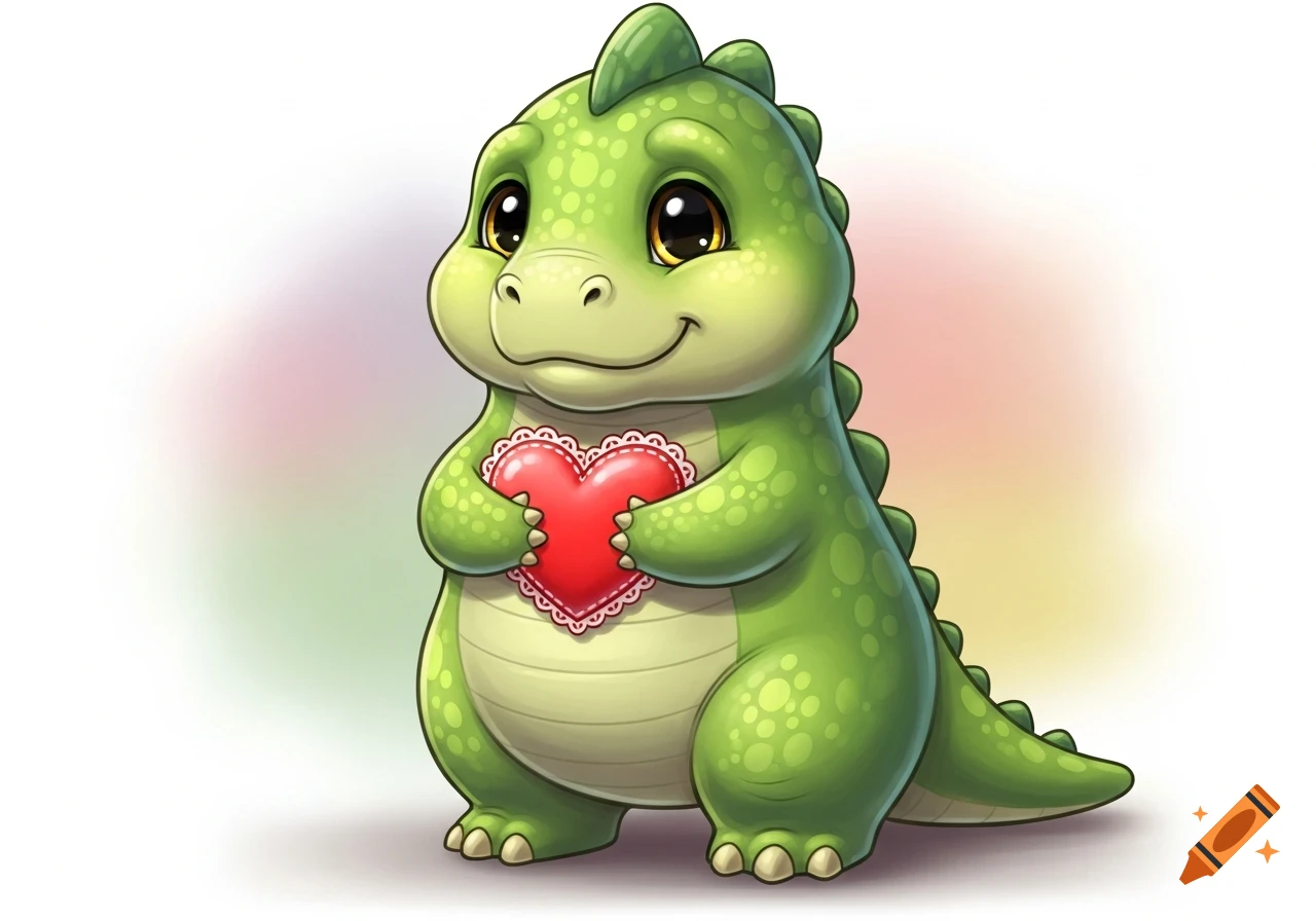 A cute, chubby, green cartoon dinosaur with big eyes holds a red heart ...