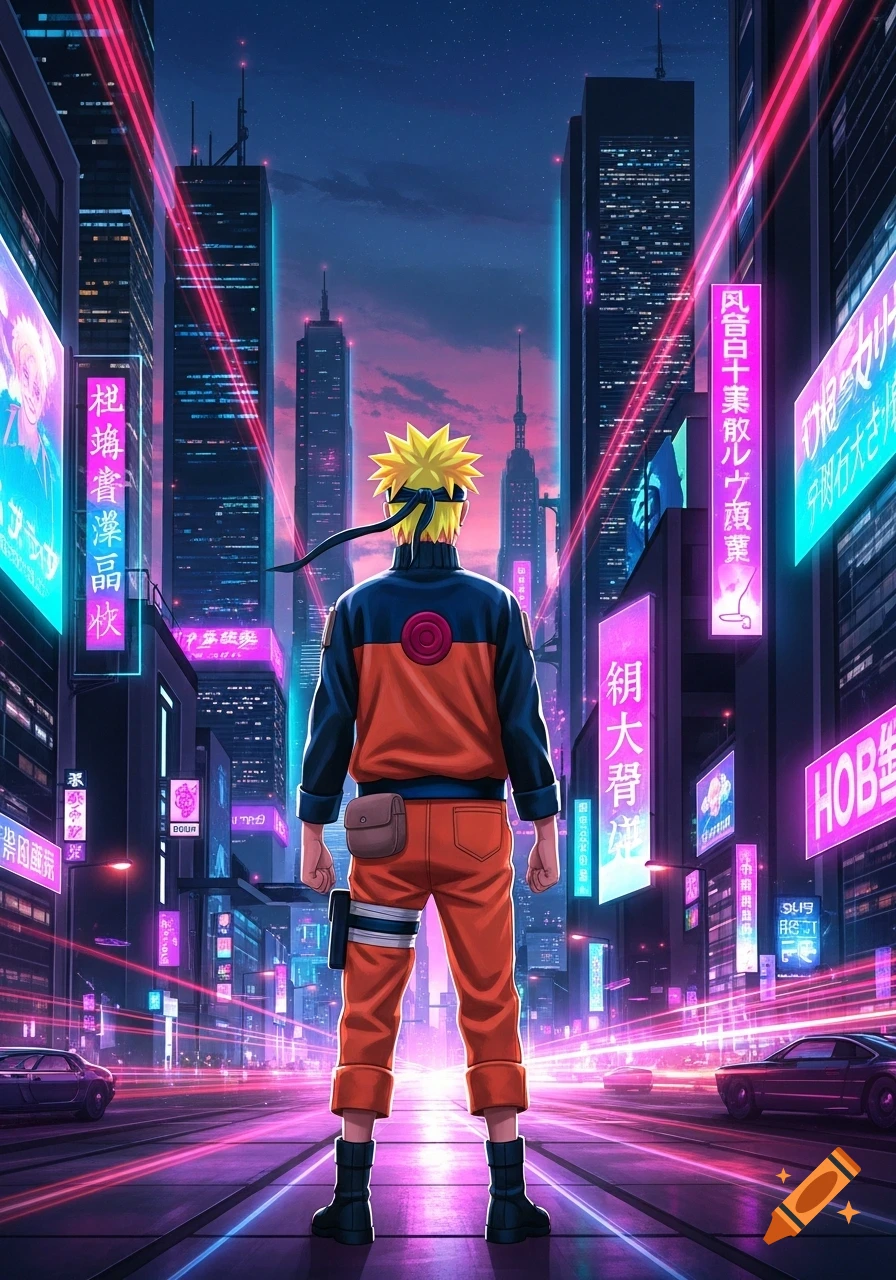 A male anime character with spiky yellow hair and a headband stands ...