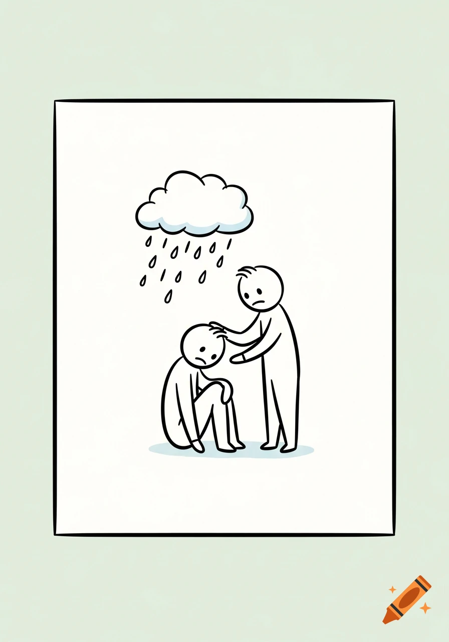 Two stick figures, one sad under a rain cloud, one comforting, in a ...
