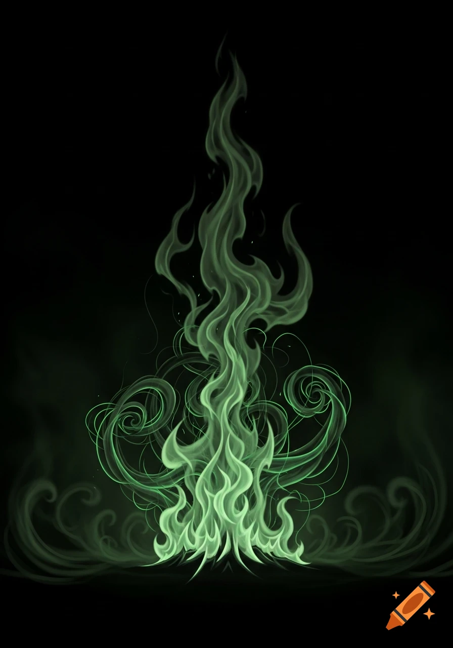 A tall column of vibrant green flame and smoke swirls elegantly upward ...