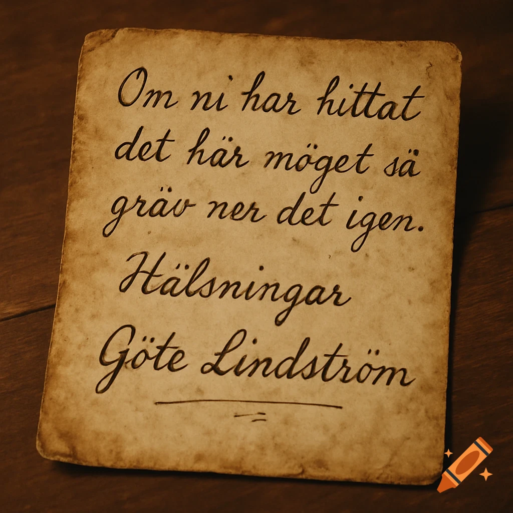 A vintage handwritten note on aged paper with a message in Swedish ...