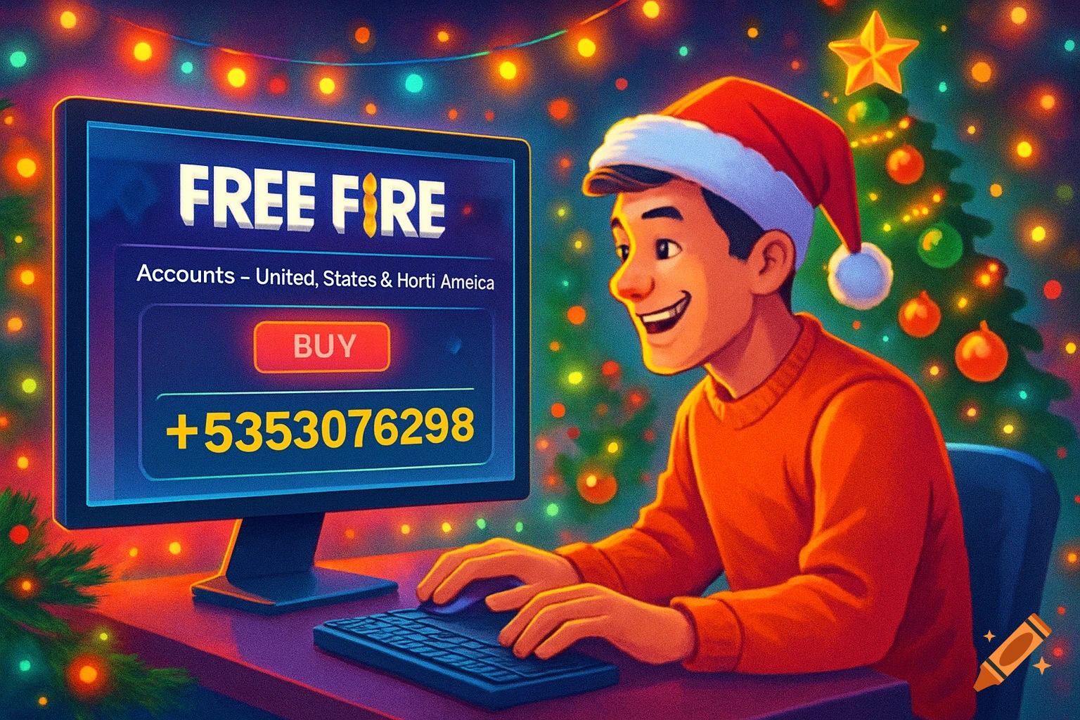 A smiling cartoon man in a Santa hat sits at a desk, looking at a ...