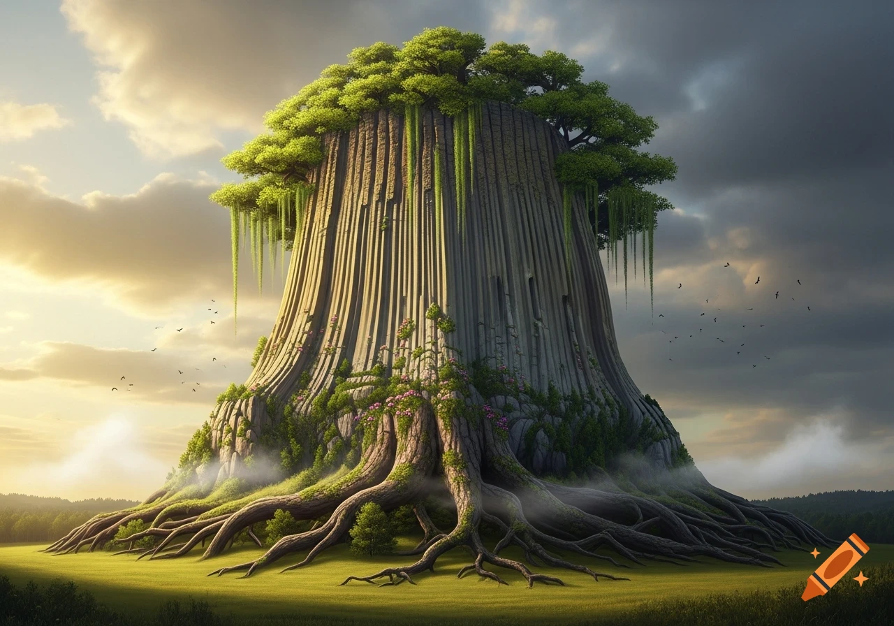 A colossal tree-mountain, shaped like Devil's Tower, with sprawling ...
