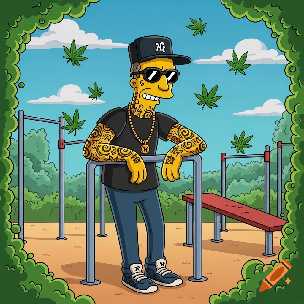 A heavily tattooed Simpsons-style character in a black cap, sunglasses ...