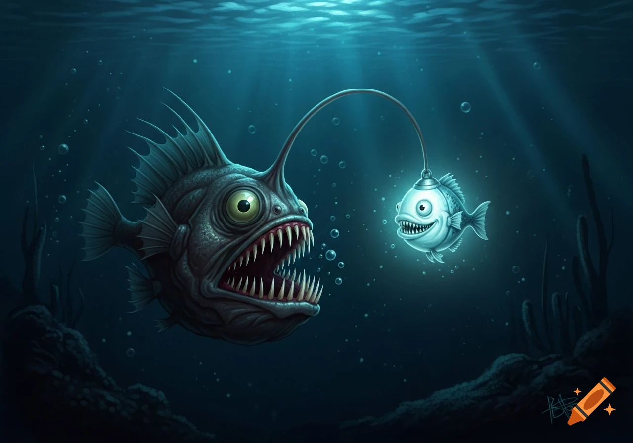 A cartoon anglerfish with sharp teeth tries to eat a glowing, laughing ...