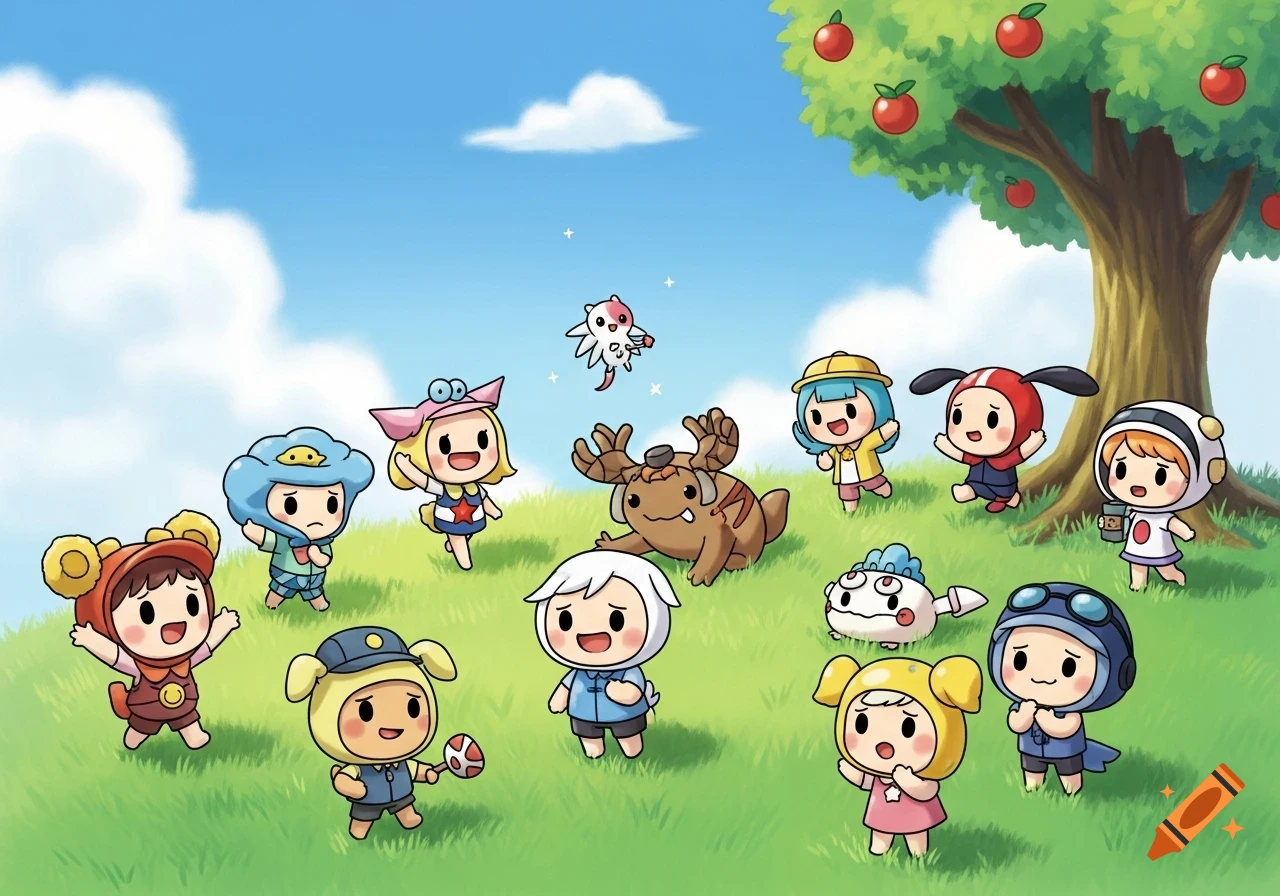 Chibi-style cartoon characters and fantasy creatures play in a sunny ...