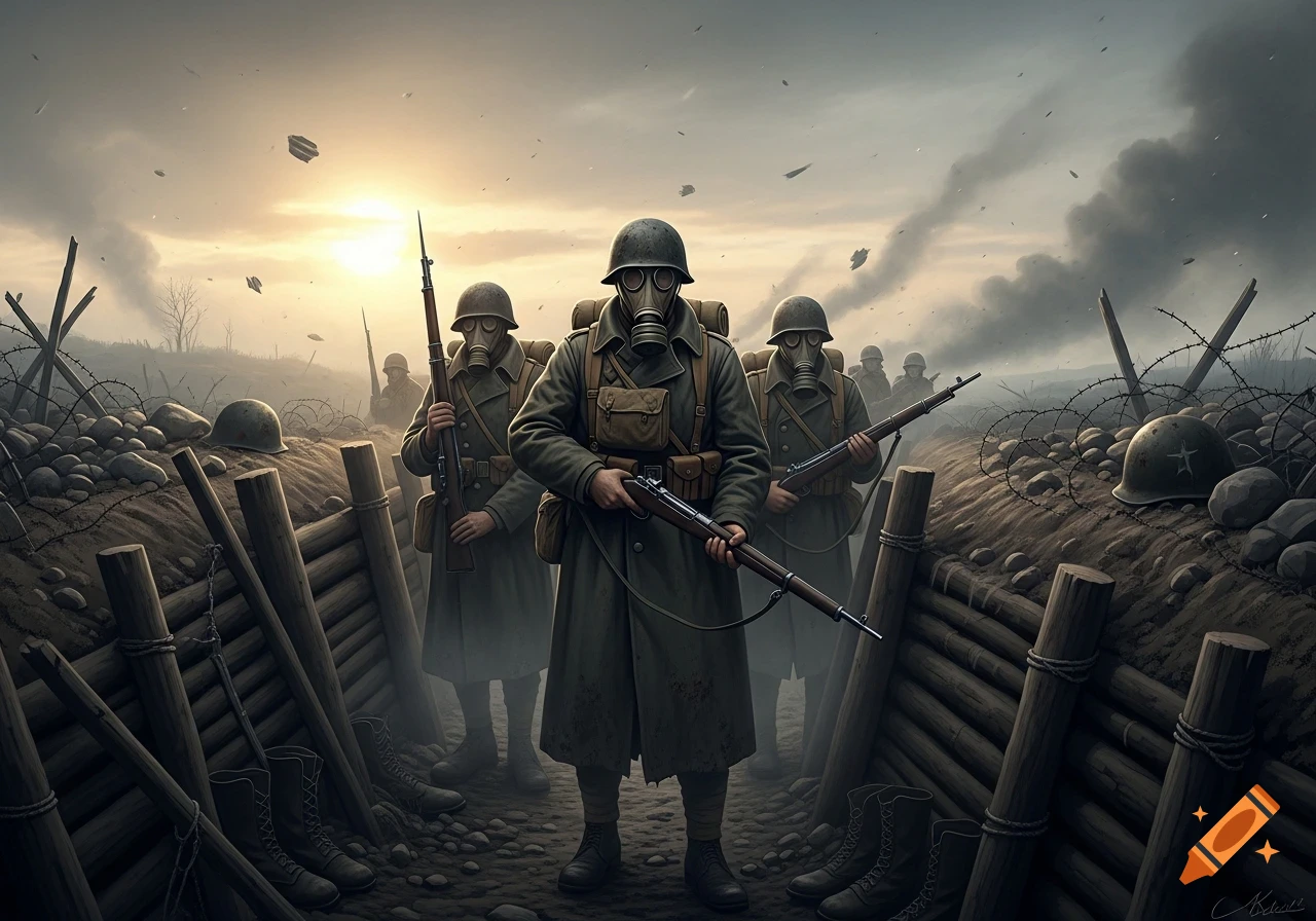 Three WWI-era soldiers in gas masks, long coats, and helmets stand in a ...