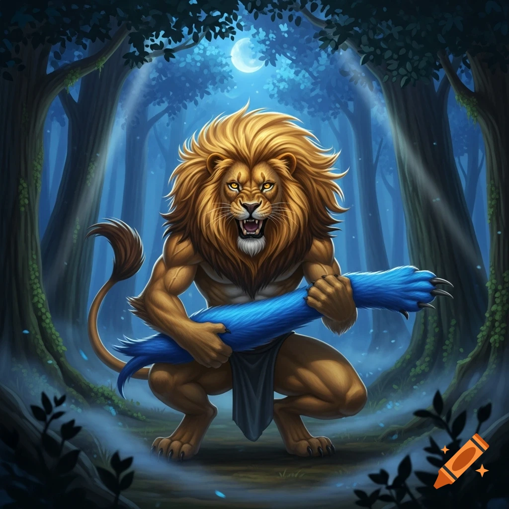 A muscular humanoid lion with a golden mane crouches in a moonlit ...