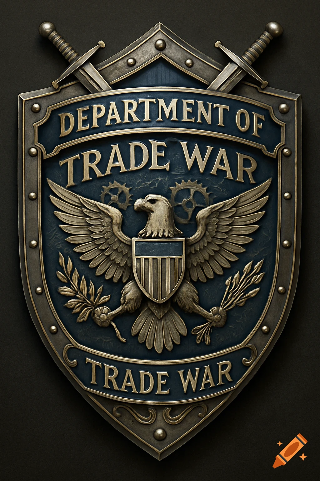 A detailed, metallic shield crest with an eagle, swords, gears, and ...