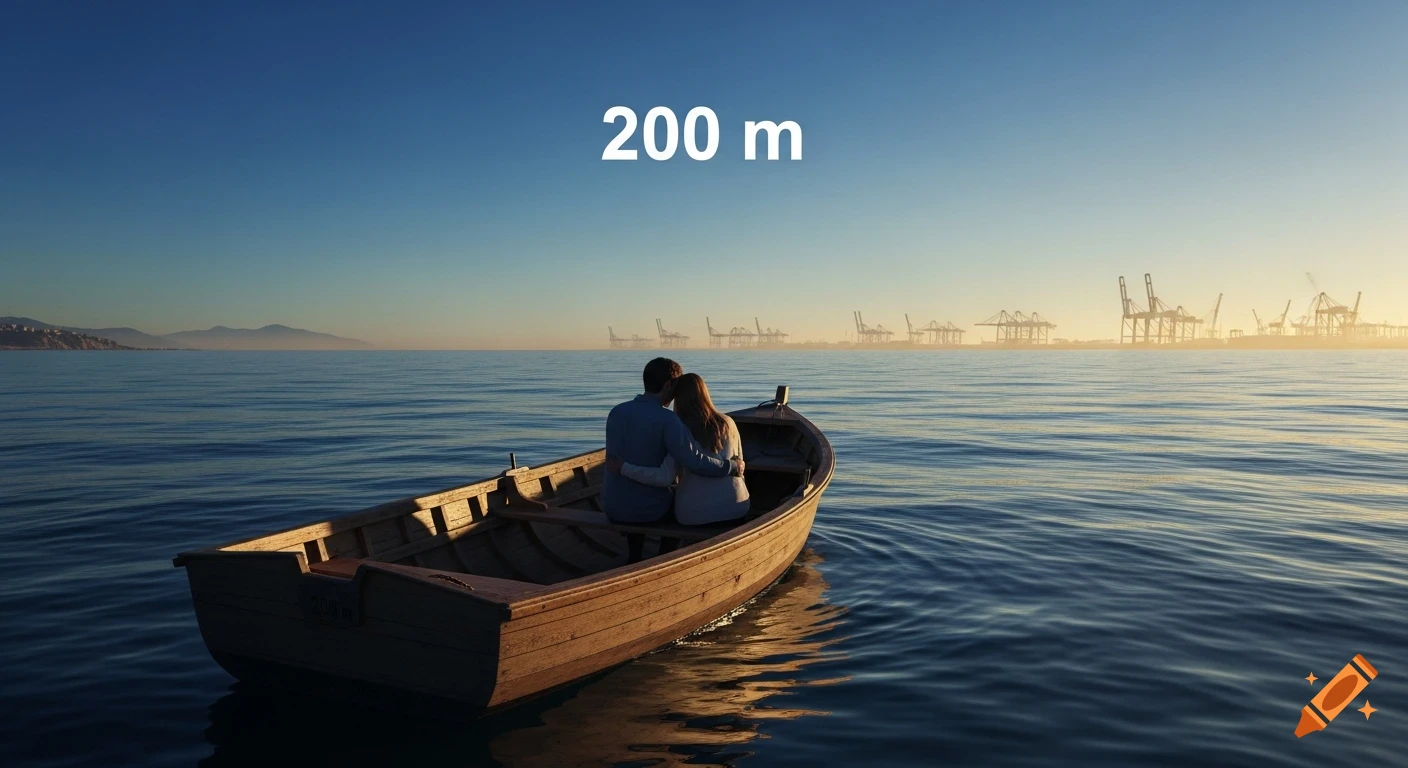 Couple embraces in a wooden rowboat on serene water at sunset, distant ...