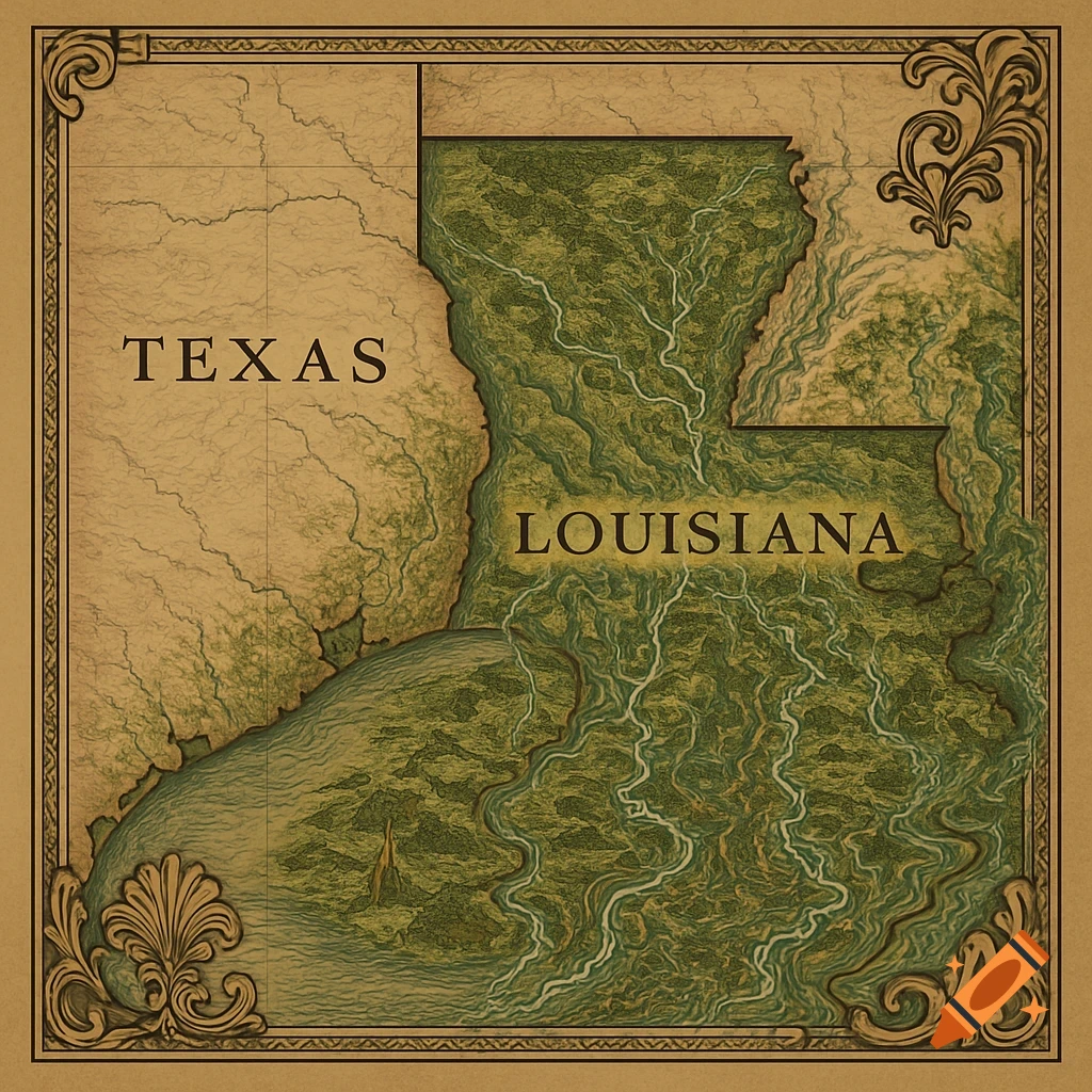 A stylized vintage map showing Texas as a landlocked state, surrounded ...