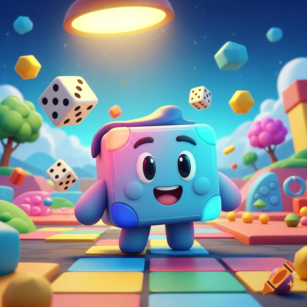 A happy blue cube character stands on a colorful checkered path in a ...