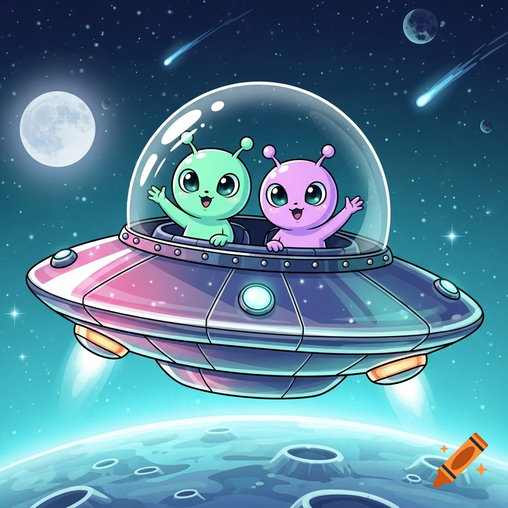Two cute green and purple aliens wave from a UFO flying above a ...